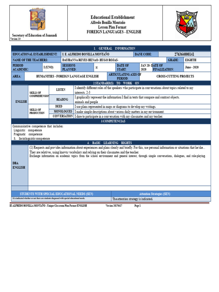 ENGLISH CLASS PLAN 2020 8th GRADE (1st PERIOD) | PDF | English Language ...