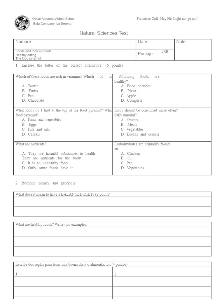 Natural Sciences Test THE FOODS | PDF | Foods | Healthy Diet