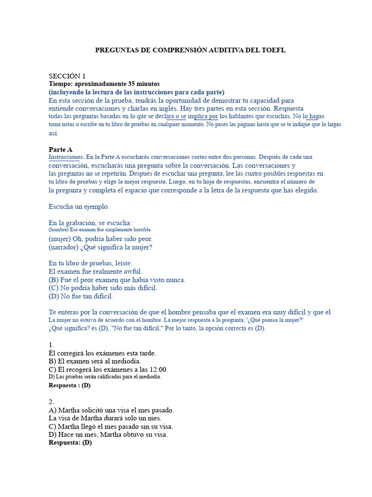 Preguntas TOEFL: Comprensión Auditiva | PDF