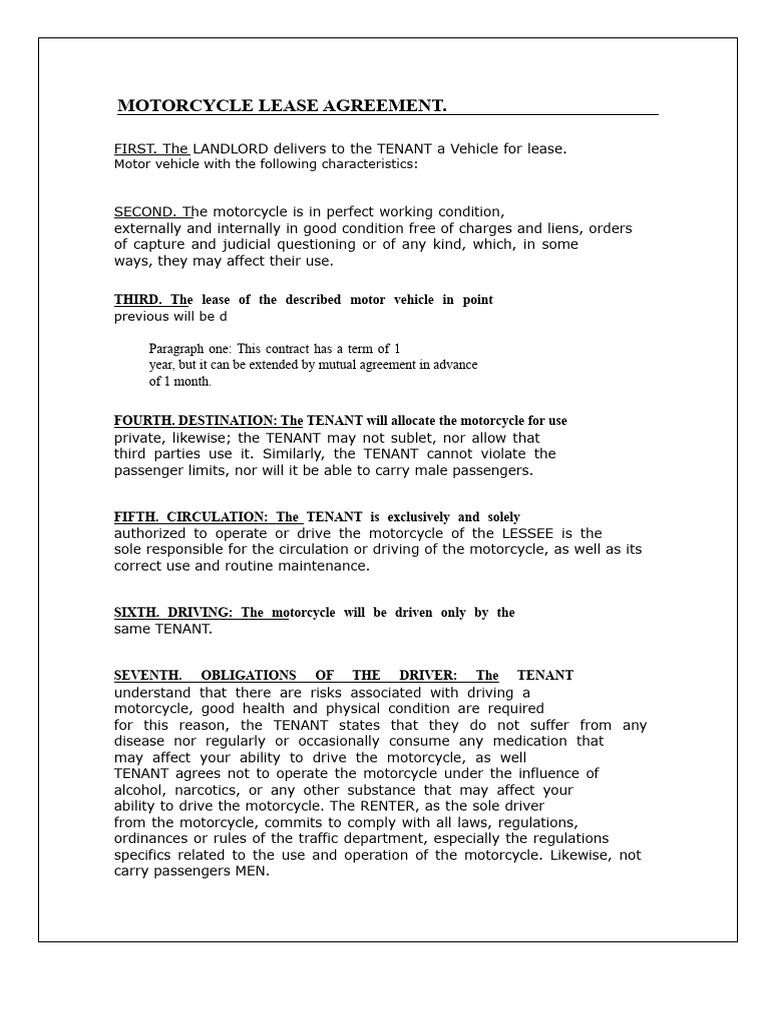 Motorcycle Lease Agreement | PDF | Lease | Leasehold Estate