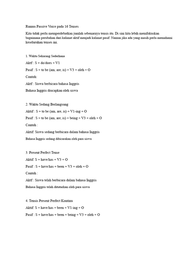 Rumus Passive Voice dalam 16 Tenses | PDF