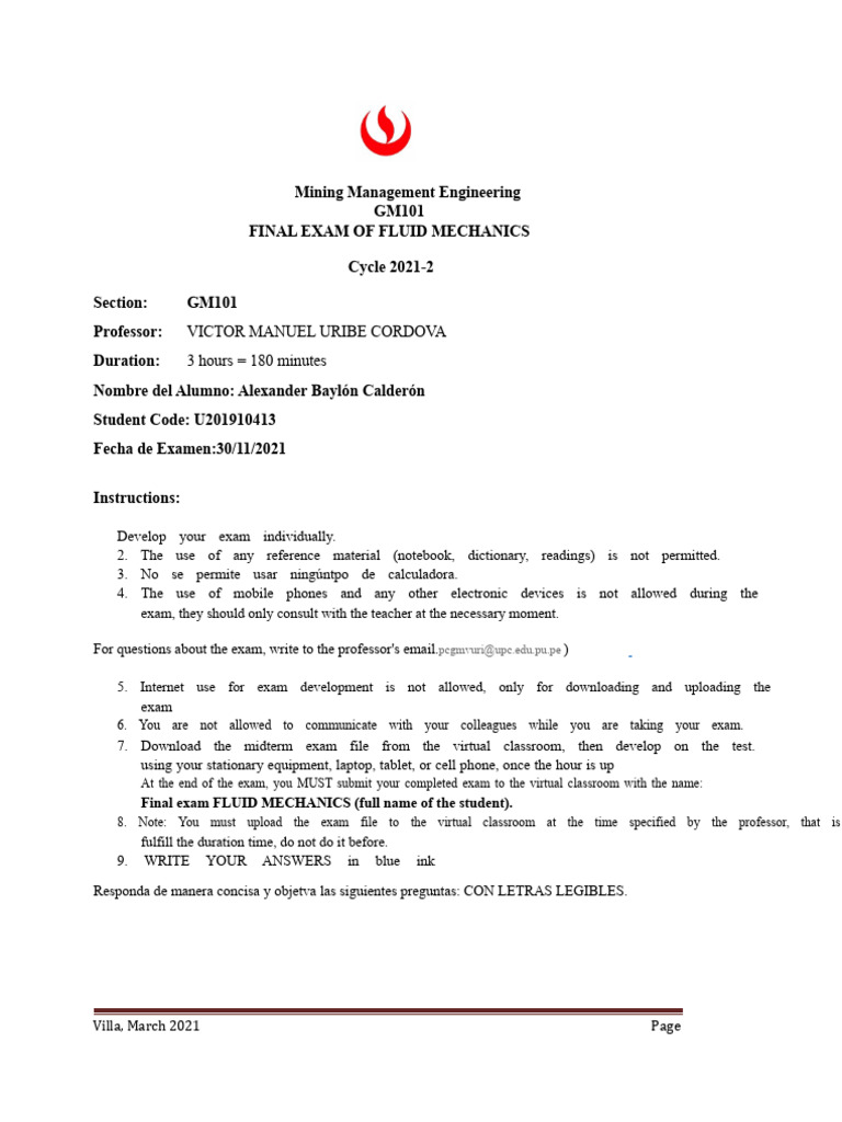 Final exam FLUID MECHANICS | PDF | Applied And Interdisciplinary ...