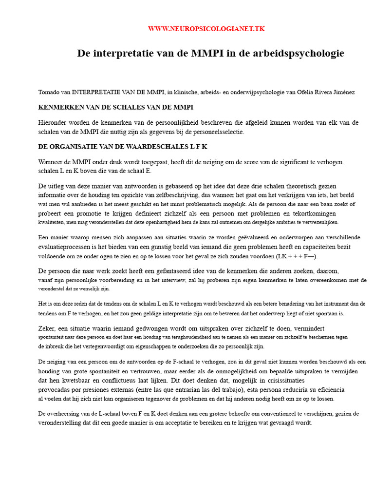 De Interpretatie Van de MMPI in de Arbeidspsychologie | PDF
