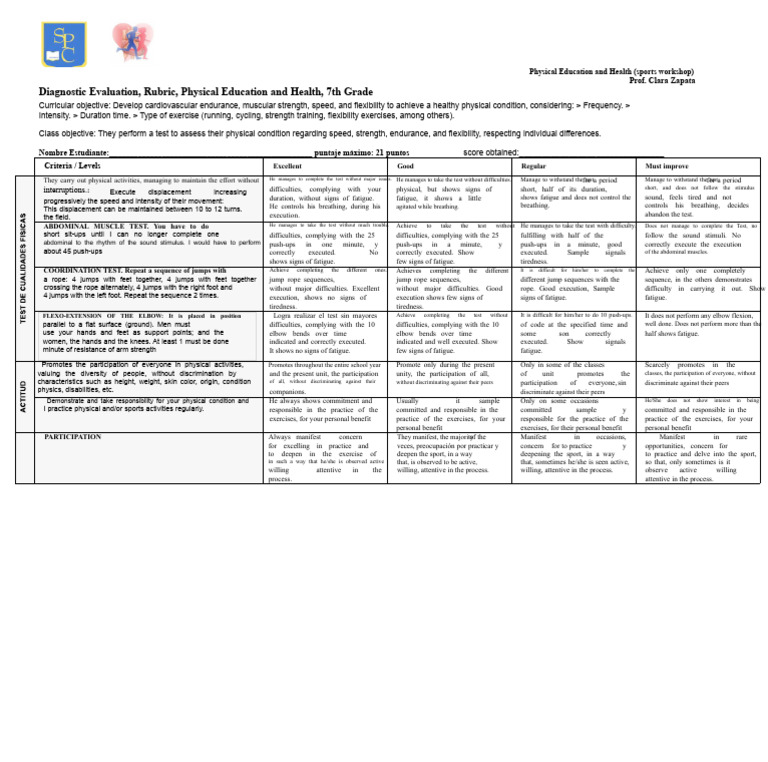 7th Grade Physical Fitness Evaluation | PDF | Endurance | Strength Training