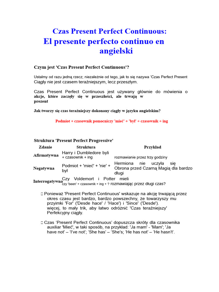 Czas Present Perfect Continuous W Języku Angielskim | PDF