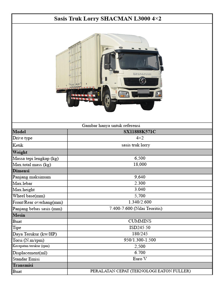 Sasis Truk SHACMAN L3000 4x2 Spesifikasi | PDF
