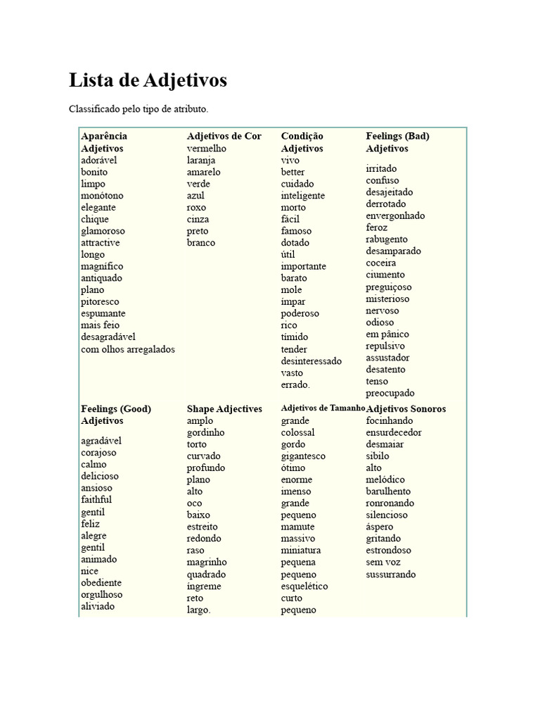 Lista Completa de Adjetivos Classificados | PDF | Cor
