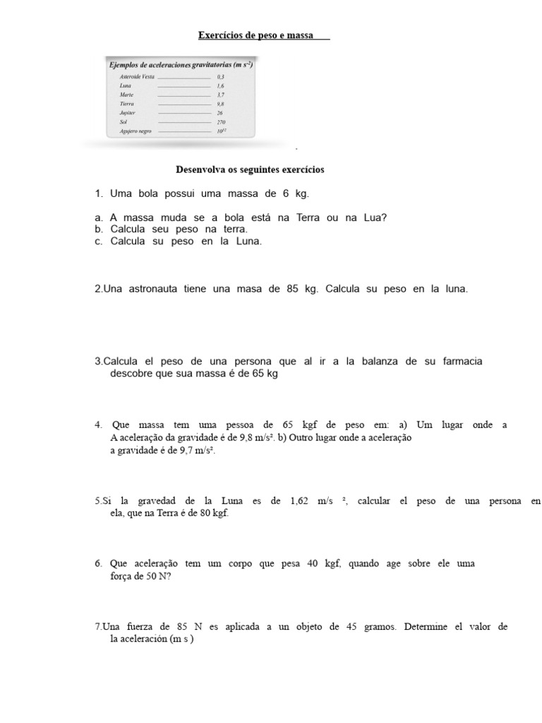 Exercícios sobre Peso e Massa | PDF | Massa | Lua