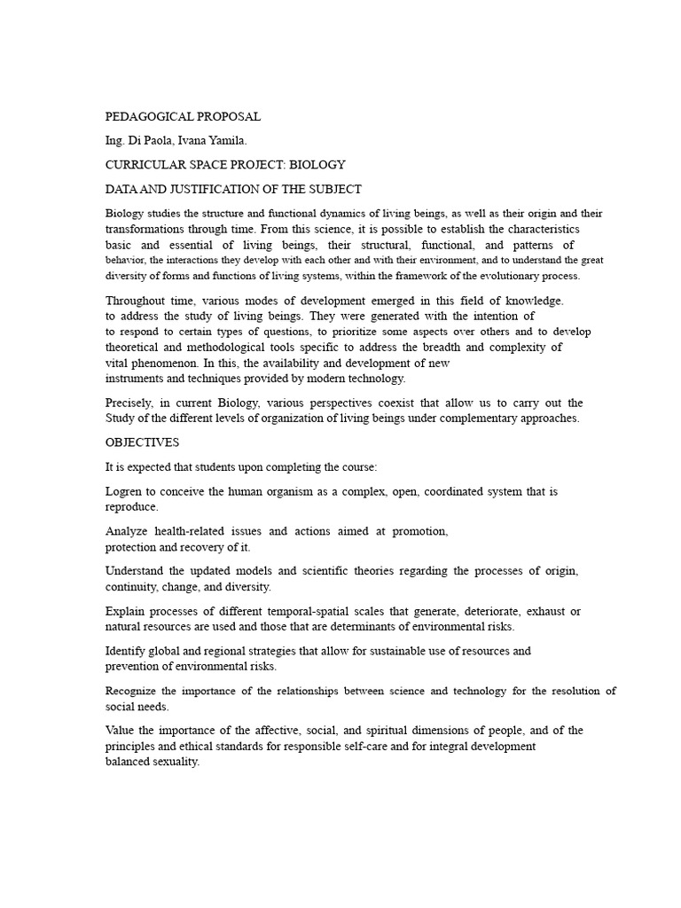 Pedagogical Proposal. BIOLOGY | PDF | Science | System