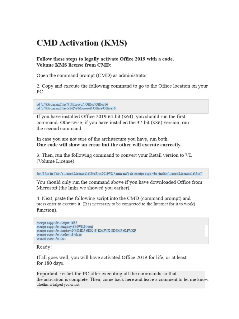 Activate Office 2019 via CMD KMS | PDF