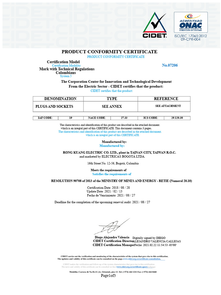 Product Conformity Certificate 07206 | PDF | Electrical Engineering