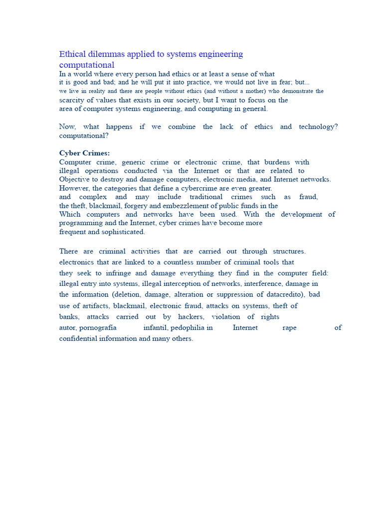 Ethical dilemmas applied to computer systems engineering | PDF ...