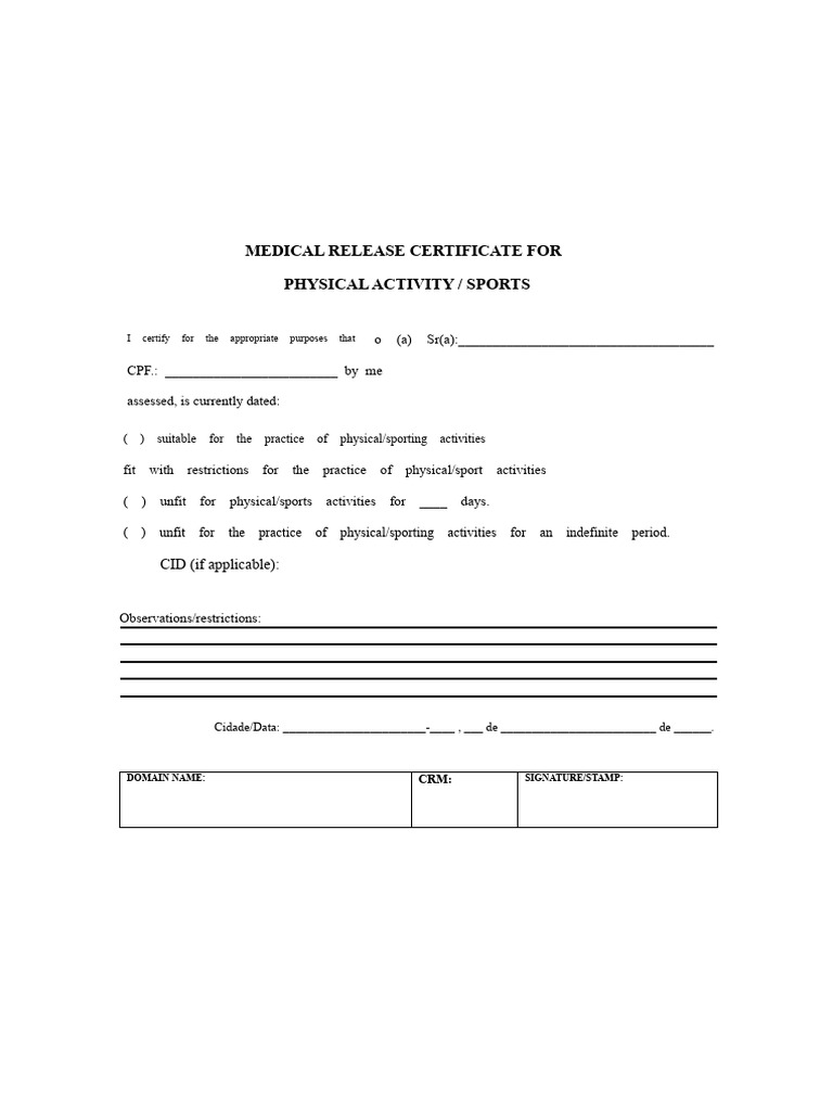Medical Release Certificate for Sports | PDF