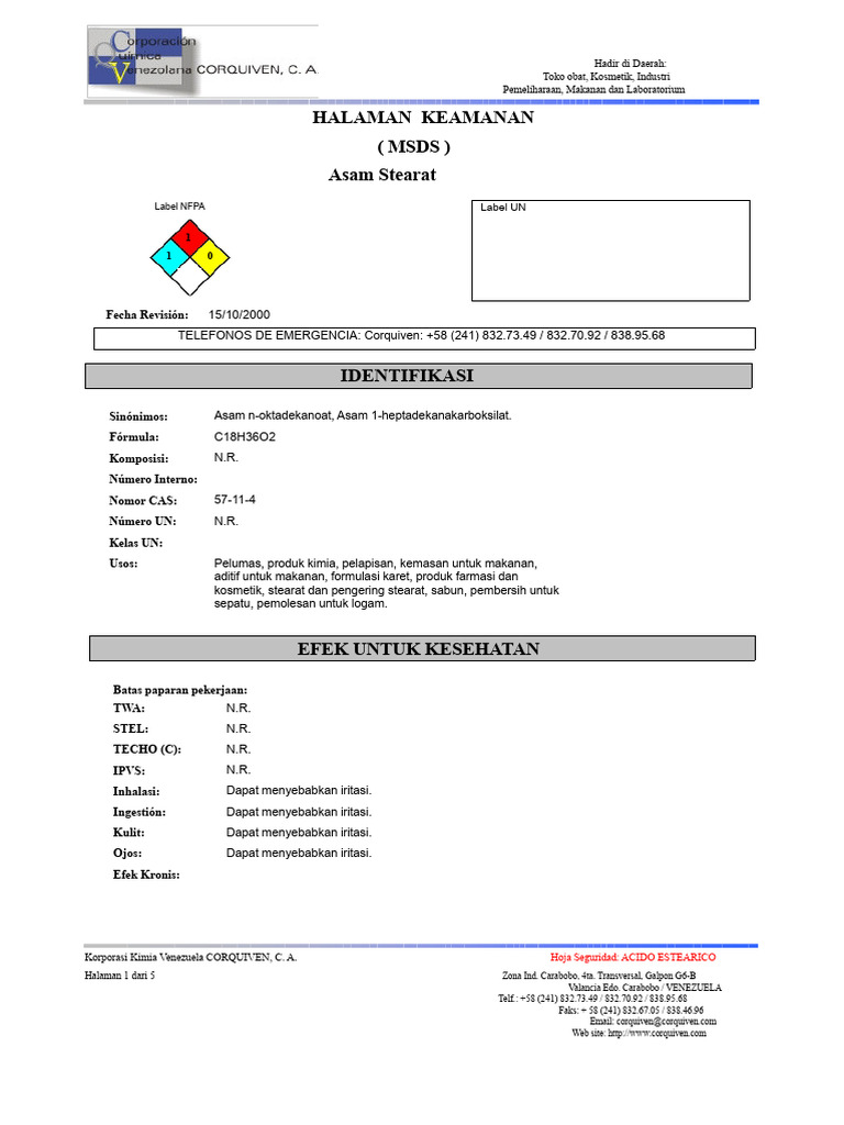 Lembar Keamanan Asam Stearat 2023 | PDF