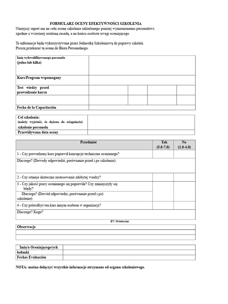 Formularz Oceny Efektywności Szkolenia | PDF