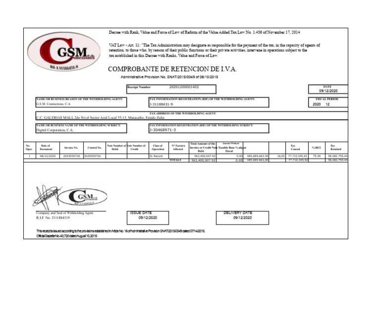 Receipt 1402 of 75% withholding VAT CORPORACION DIGITEL receipt 1402 new form | PDF | Value ...