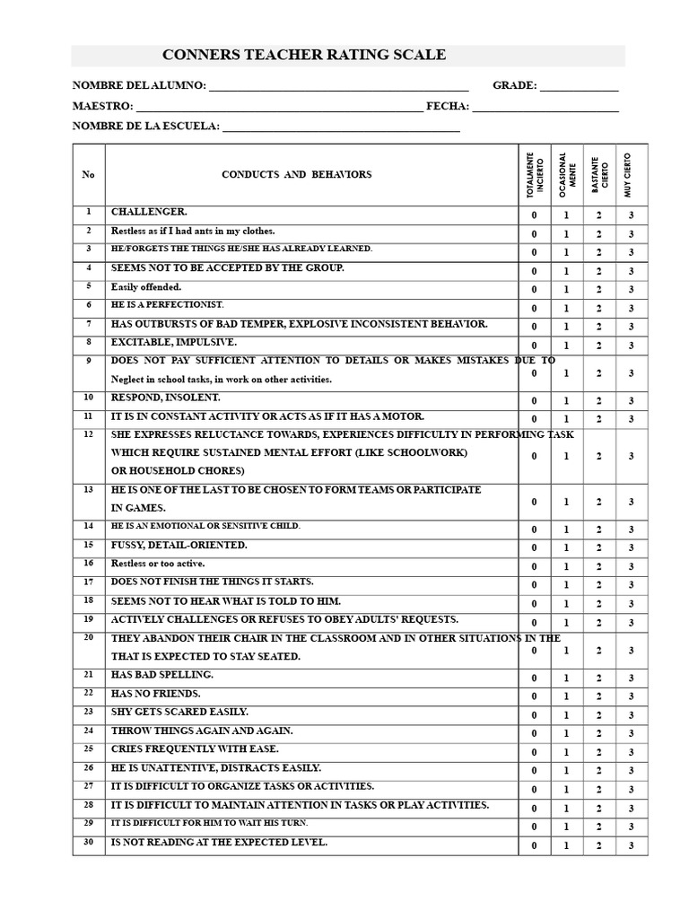 Conners Teacher Rating Scale | PDF | Attention Deficit Hyperactivity ...