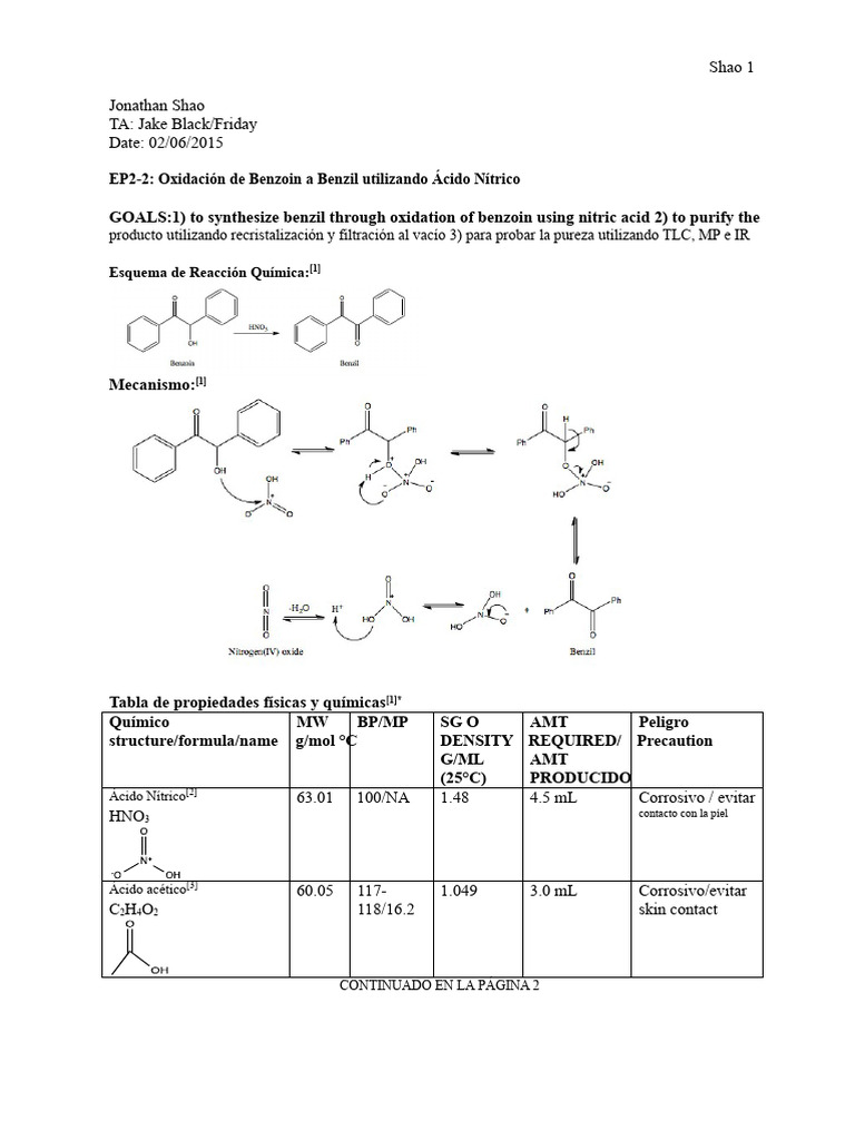 Oxidación de Benzoin A Benzil | PDF | Etanol | Ácido nítrico