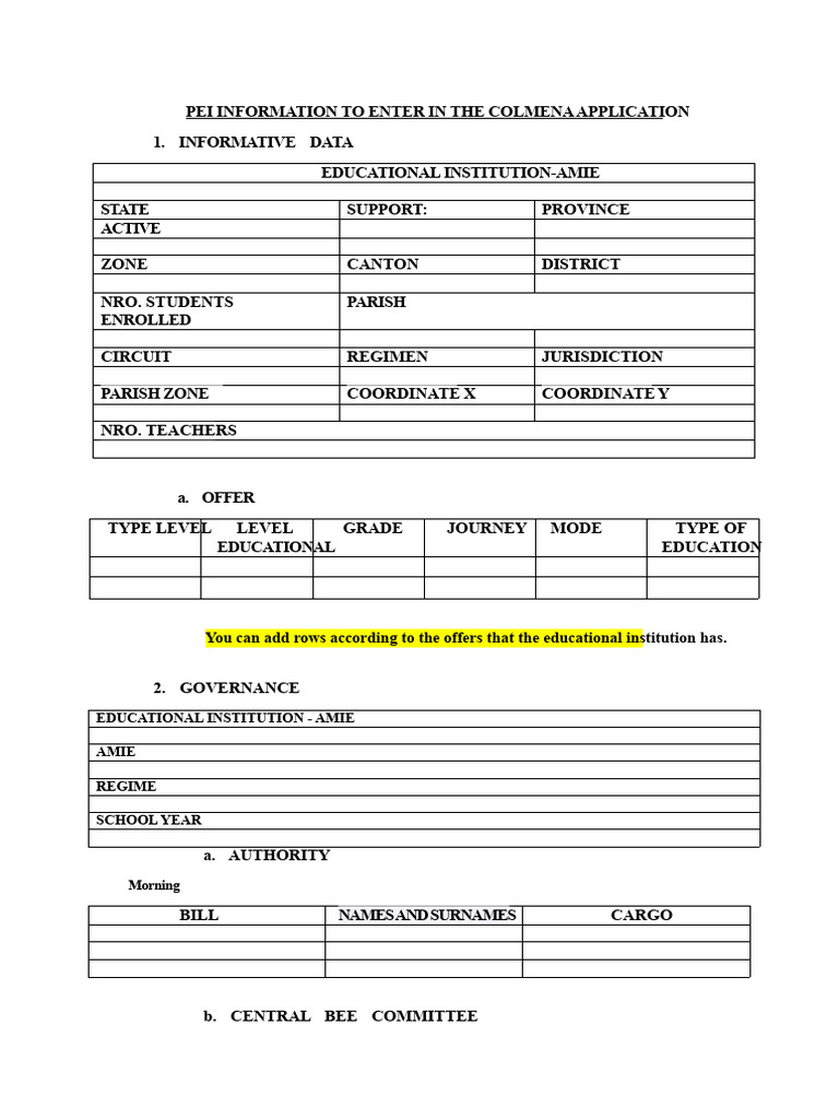 1 Information of The Pei To Be Entered in The Colmena Application | PDF ...