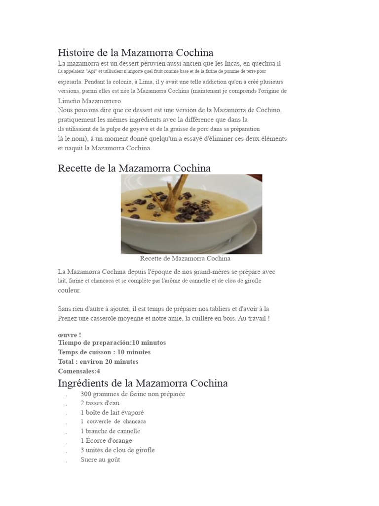 Recette de Mazamorra Cochina péruvienne | PDF | Nourritures | Cuisine