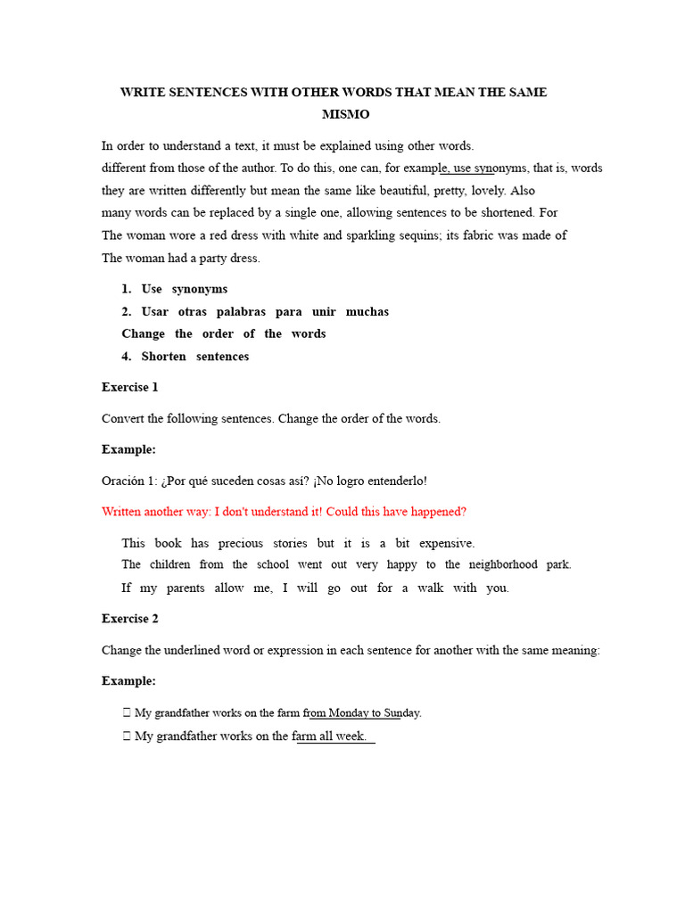 Write Sentences Using Different Words That Have The Same Meaning. | PDF