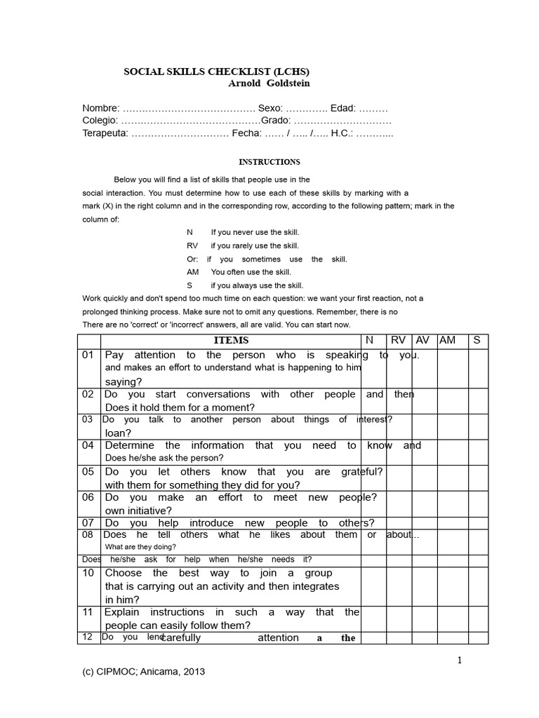 Social Skills Checklist for Evaluation | PDF | Social Skills ...