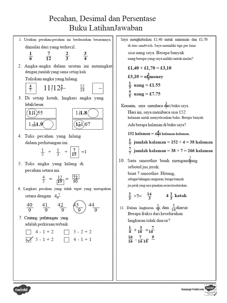 Pecahan Desimal Dan Persentase - Buku Latihan - Jawaban | PDF