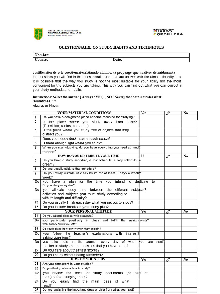 Study Habits and Techniques Questionnaire | PDF | Human Communication ...