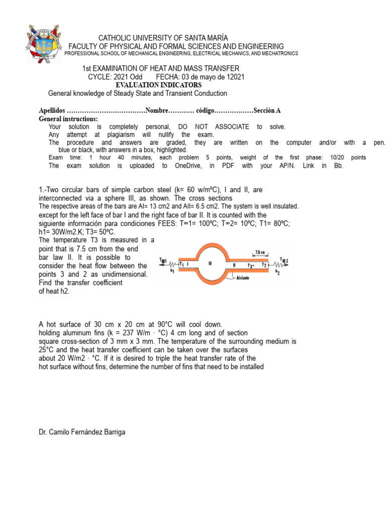 1st Heat Transfer Exam 12021 | PDF