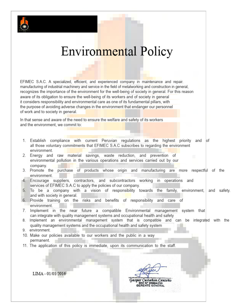 EFIMEC Environmental Policy | PDF