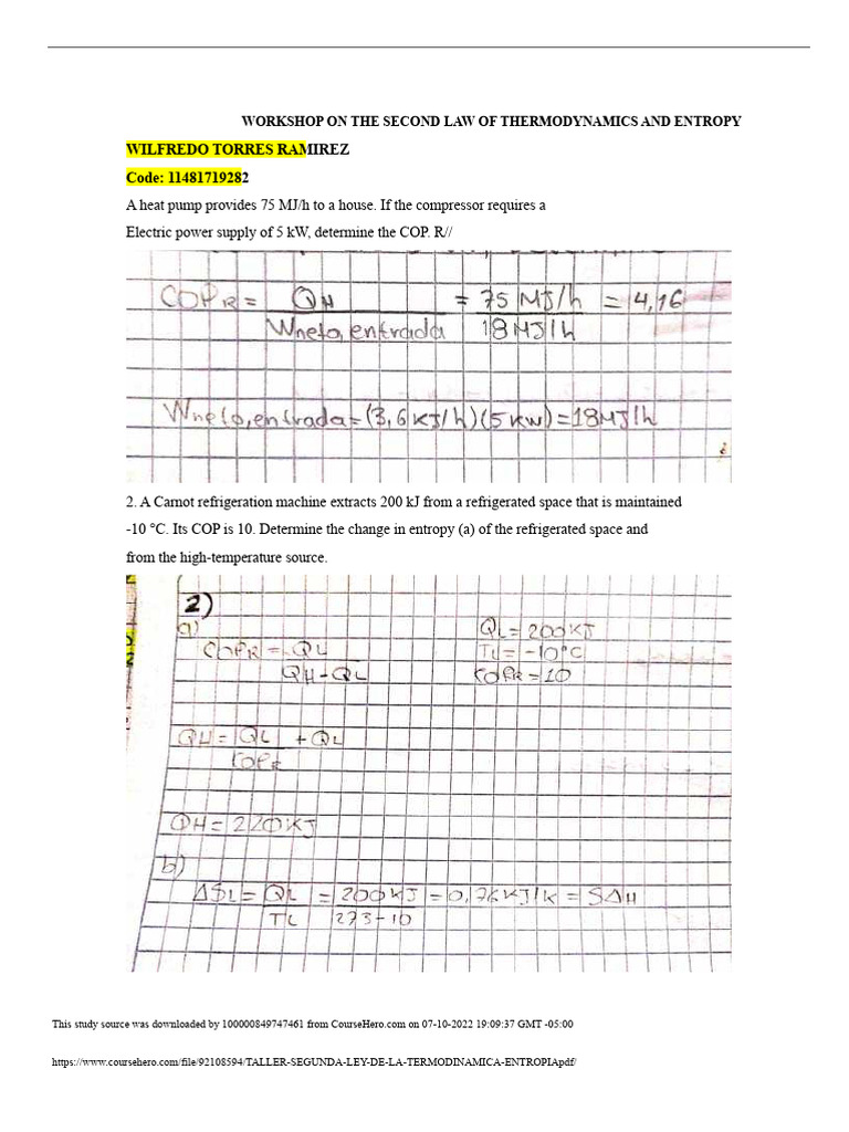Workshop Second Law of Thermodynamics Entropy PDF | PDF | Entropy | Heat