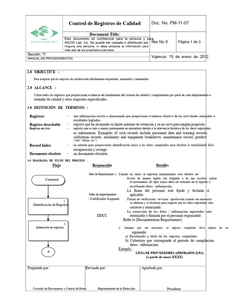 PM-11-07 Control de Registros de Calidad_REV.00 | PDF | Archivo de ...