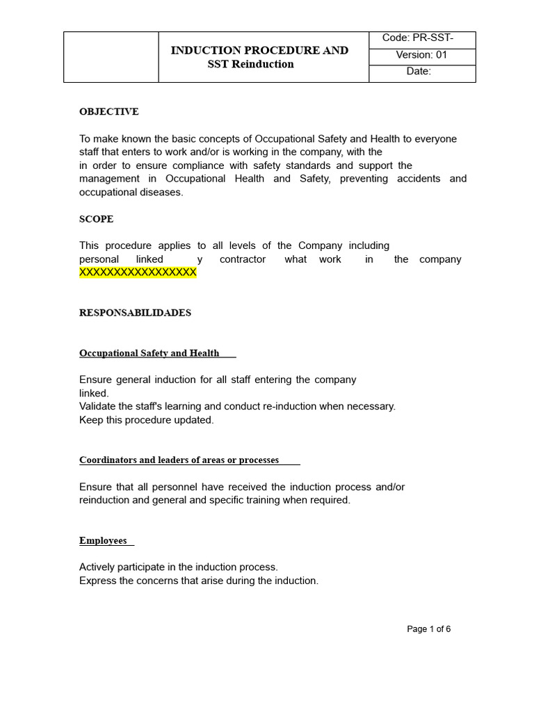 PR-SST-XX Induction-Reinduction Procedure | PDF | Occupational Safety ...