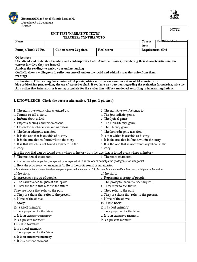 NARRATIVE TEXTS TEST No. 3 | PDF | Narrative | Genre