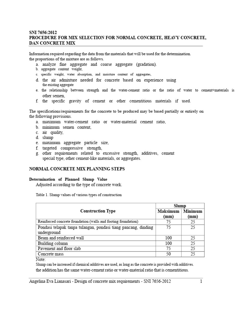Summary of SNI 7656-2012 Calculation of Normal Concrete Mixture | PDF ...