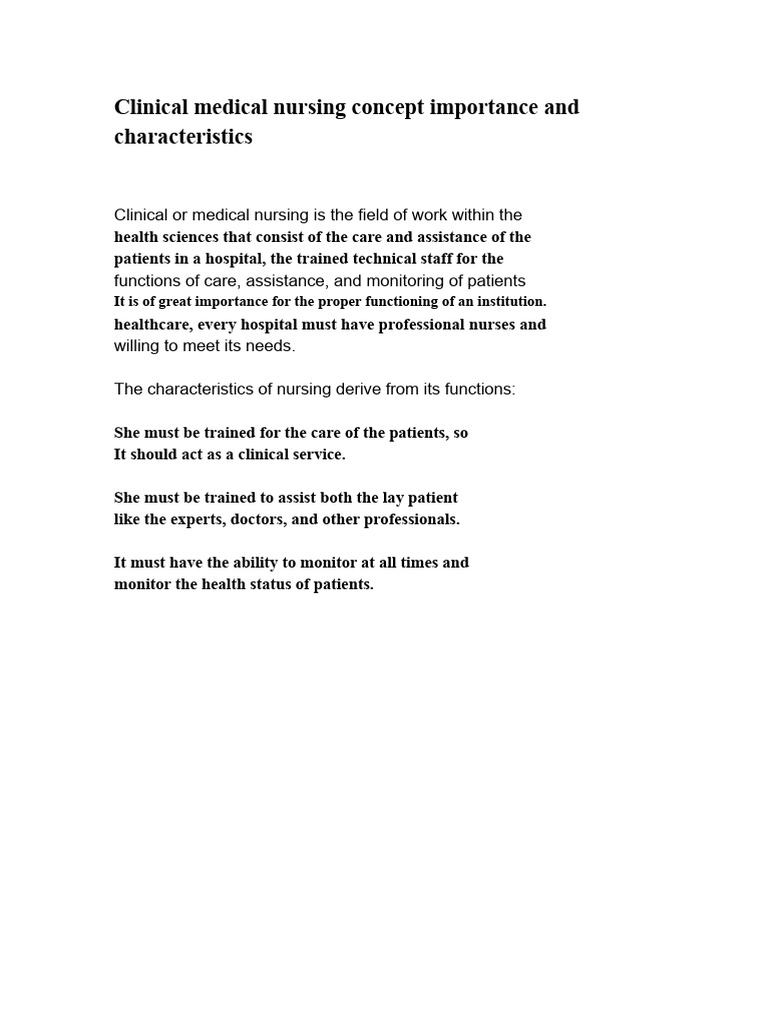 Clinical Medical Nursing Concept, Importance, and Characteristics | PDF
