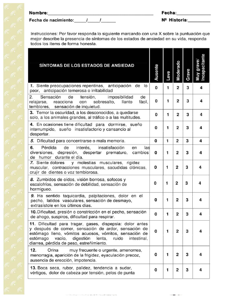 Hamilton Anxiety Scale Self-Administered | PDF