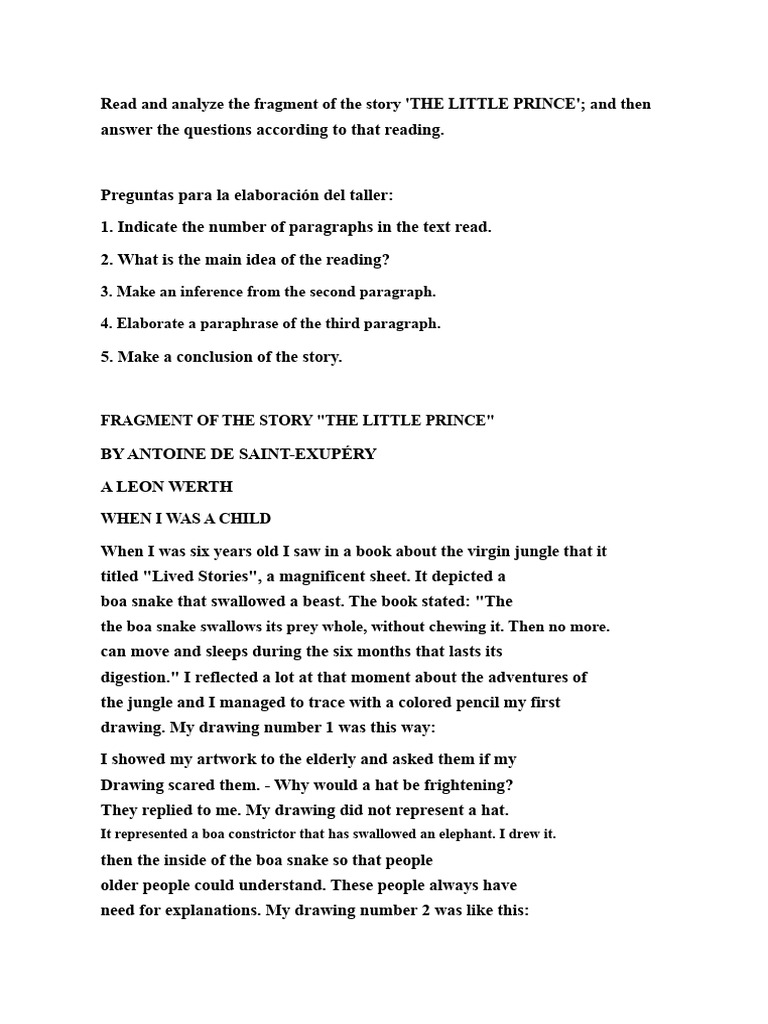 Read and Analyze the Fragment of the Story "THE LITTLE PRINCE"; Then ...