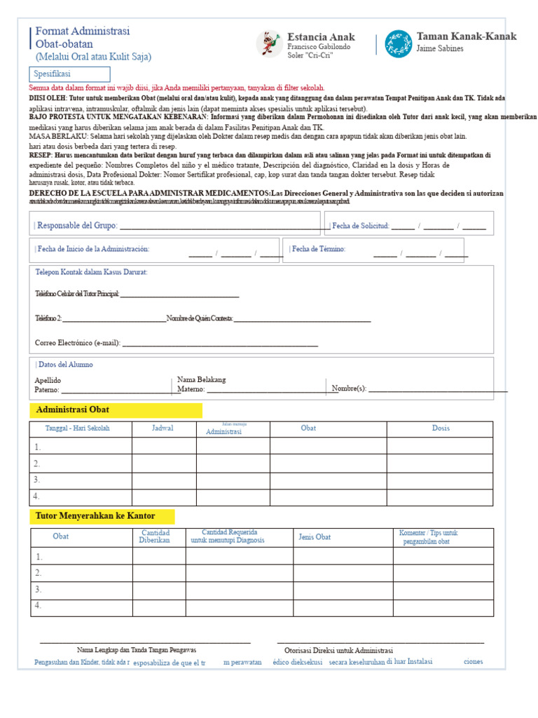 Format Administrasi Obat TK dan Penitipan Anak | PDF