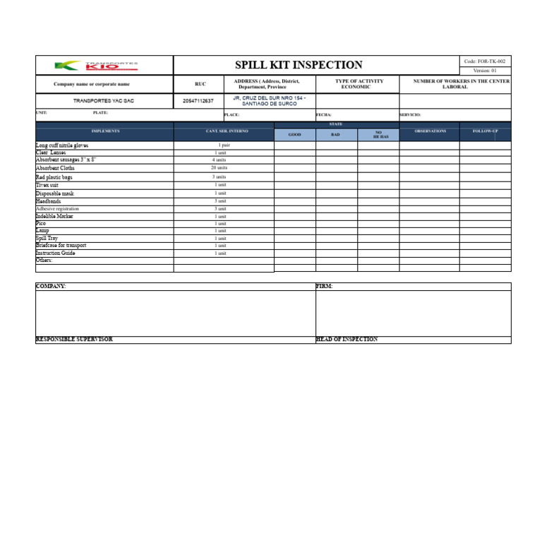 FOR-TK-002 - Inspection Format Spill Kit | PDF
