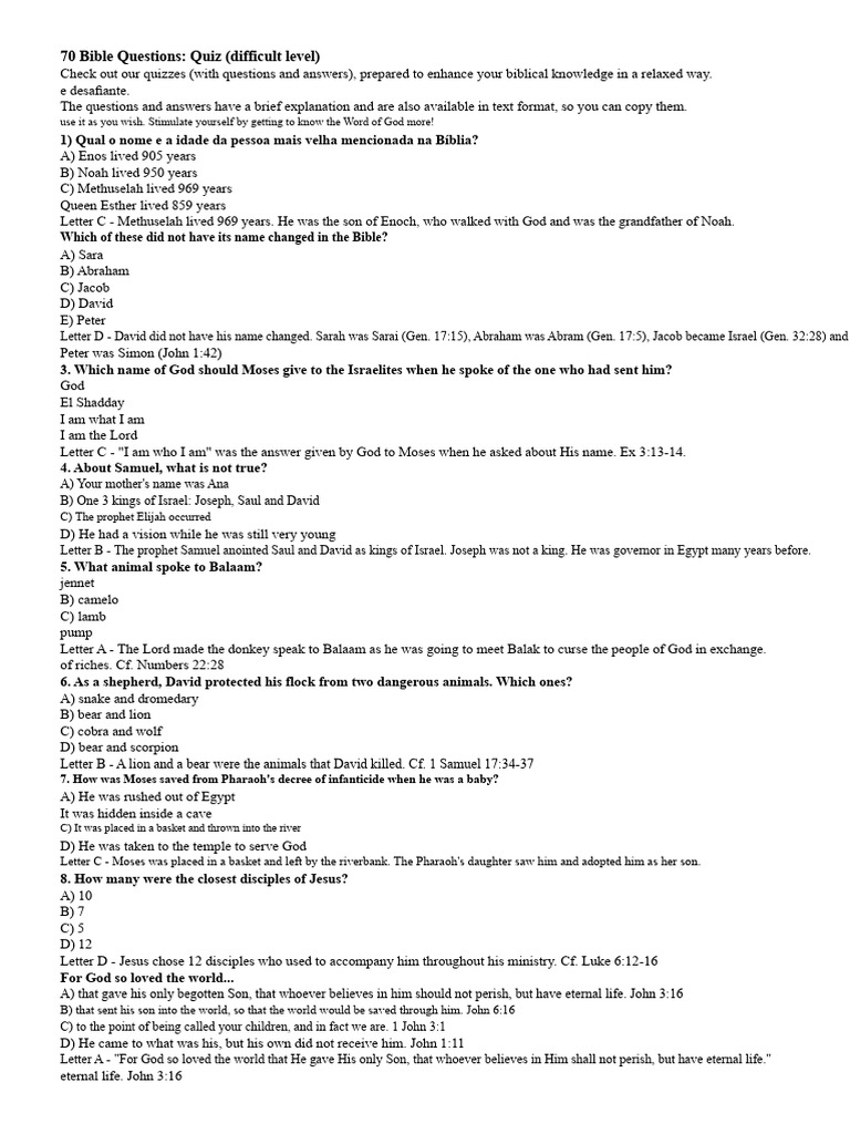 70 Biblical Questions | PDF | Jesus | Bible