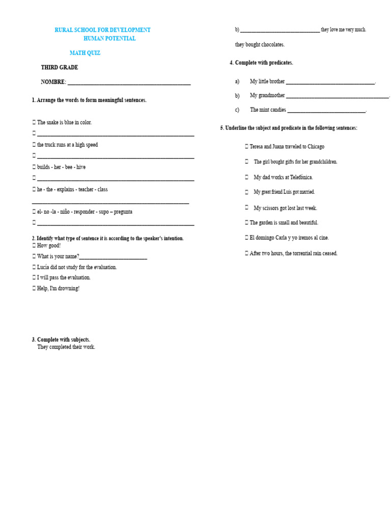 Third Grade Math and Language Quiz | PDF