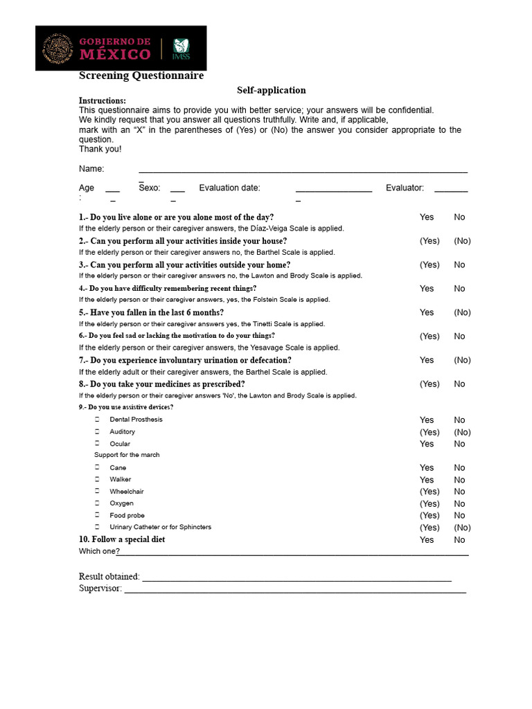 Elderly Care Screening Questionnaire | PDF | Caregiver | Urinary ...