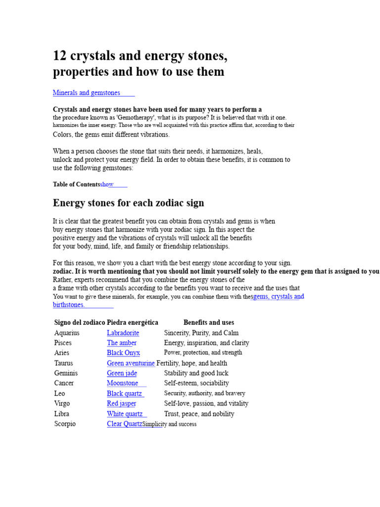 12 Crystals and Energetic Stones, Properties and How To Use Them | PDF ...