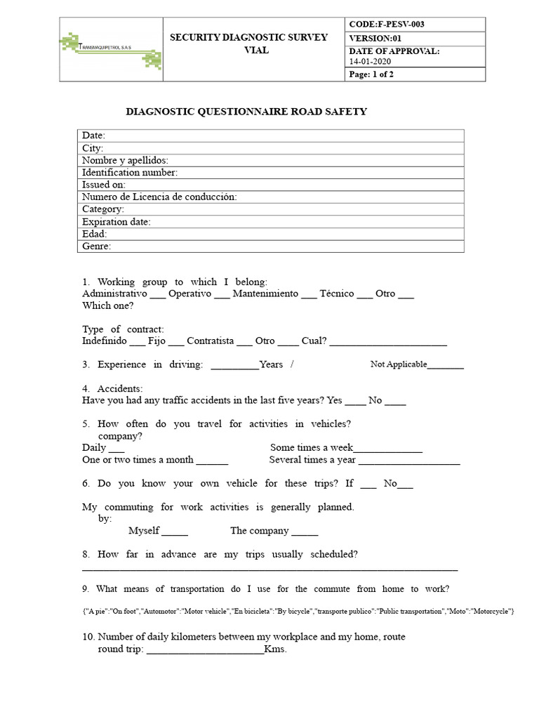 Annex 5. Road Safety Survey Format | PDF | Driving | Commuting