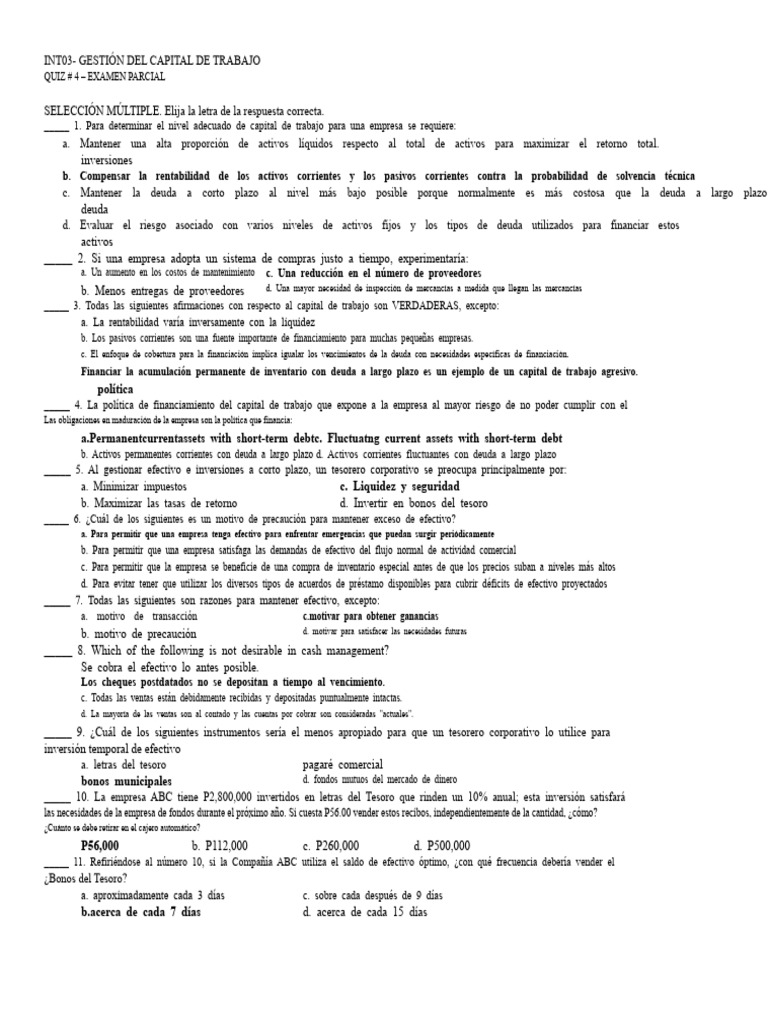 Moldez INT03 QUIZ | PDF | Capital de trabajo | Deuda