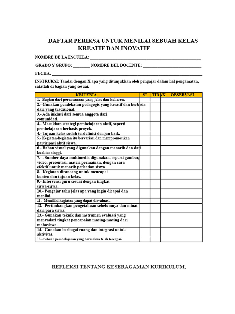 Daftar Periksa Kelas Kreatif dan Inovatif | PDF