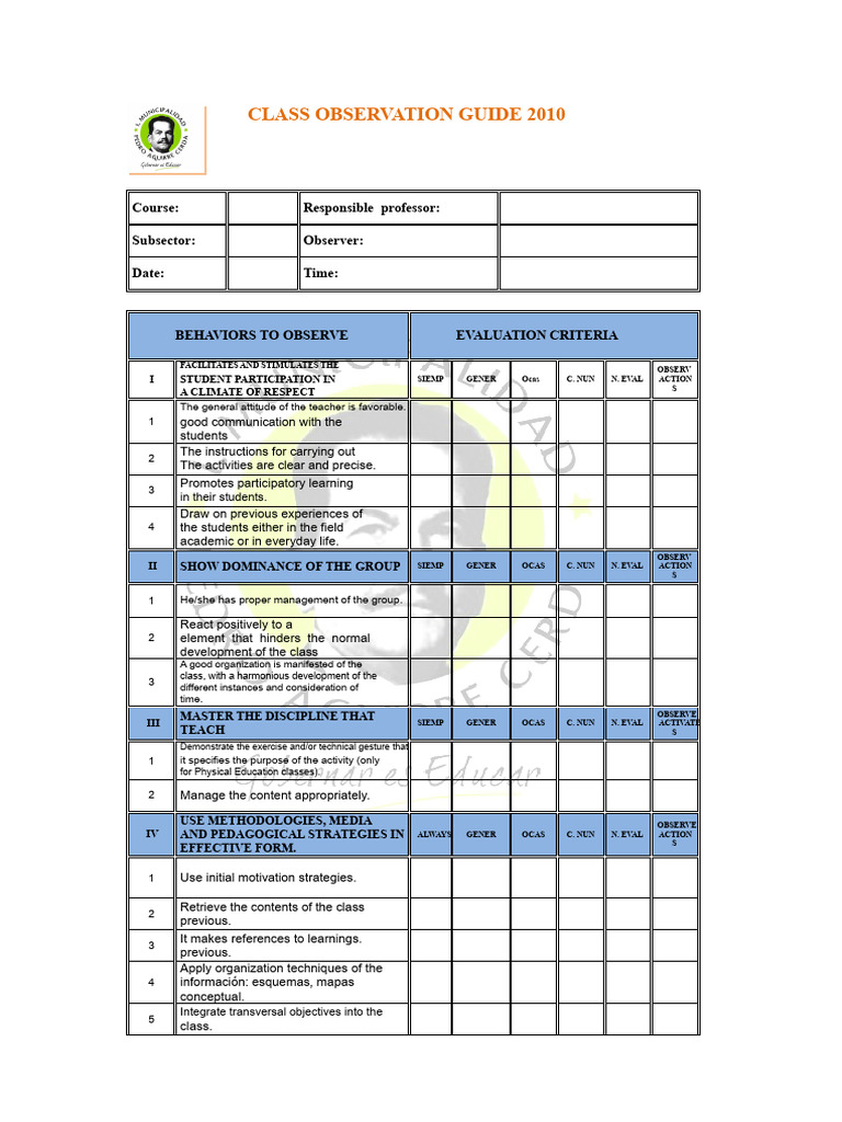 Class Observation Evaluation Guide 2010 | PDF | Methodology | Teachers