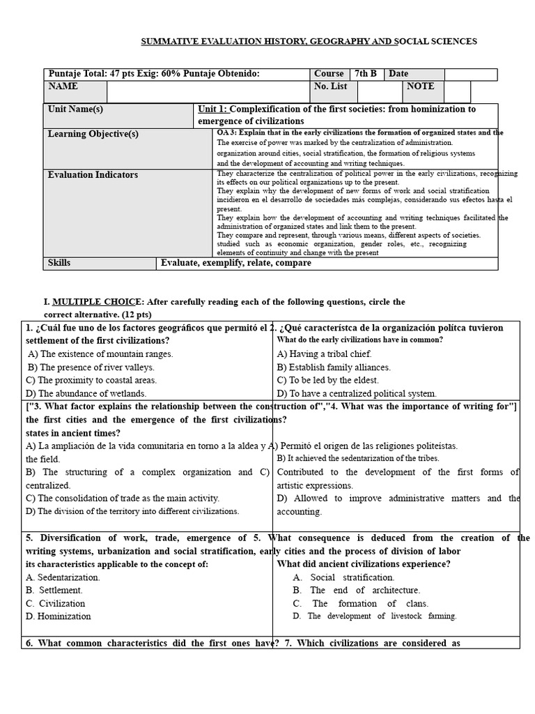 Summative Evaluation: Early Civilizations | PDF | Ancient Egypt ...