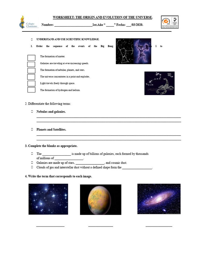 Worksheet - The Origin and Evolution of The Universe. | PDF ...